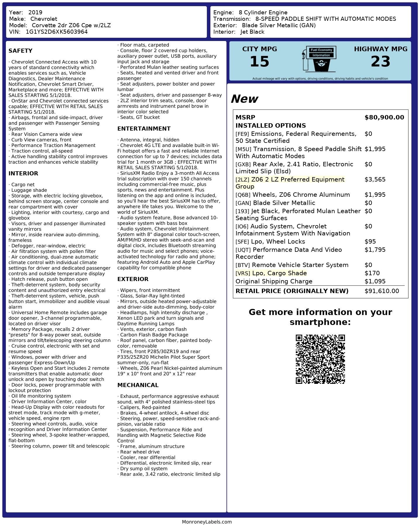 SOLD - 2019 Z06 2LZ A8 - Blade Silver Metallice/Jet Black -17.5k miles ...