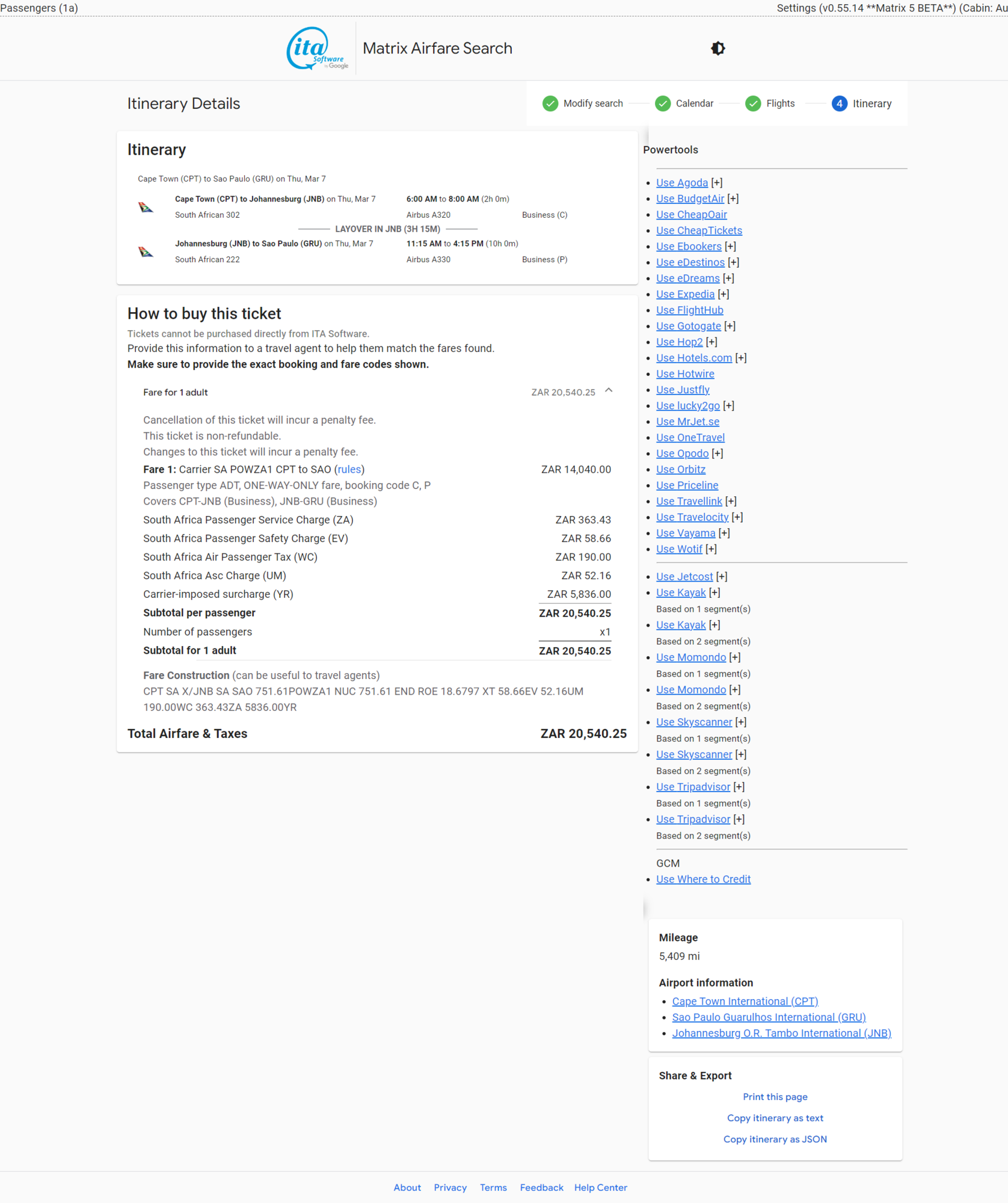 SA - JNB/CPT-GRU - 19438 ZAR / $1029 one-way or $2042 r/t - Business - FlyerTalk Forums
